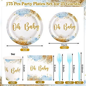 175 Pcs Baby Boy Shower Plates,Dusty Blue Baby Shower Decorations Includes Baby Shower Plates Napkins Cups Plastic Forks Spoons Knives,Boy Baby Shower Decorations for 25 Guests