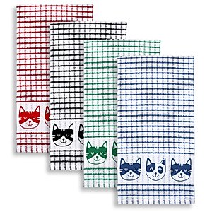 Cackleberry Home Cat Faces Terrycloth Kitchen Towels Windowpane Check Fabric, Set of 4 (Assorted)