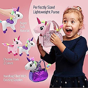 PASSIONFRUIT Unicorn Stuffed Plush Animal Toy Set with Purse Necklace & Bracelet - Plush Unicorns Birthday Gifts for Girls - Unique Rainbow Unicorn Stuffed Pet for Age 3 4 5 6 7 yrs. (Pink)