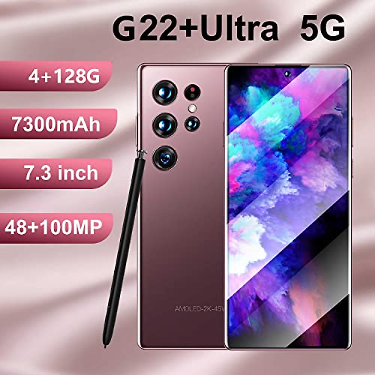 ExAchat G22+ Ultra 5G Smartphone - Unlocked Cell Phone - Sleek Design with Built-in Computer, Qualcomm 888 Chip, 7.3-inch HD+ Screen, Face Recognition, and Powerful Cameras (Rose Gold)