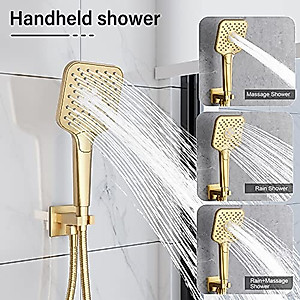 Gabrylly Shower System with Tub Spout, Wall Mounted Shower Faucet Set for Bathroom with High Pressure 10" Rain Shower head and 3-Setting Handheld Shower Head Set,Brushed Gold