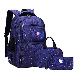 JiaYou Space Pattern Galaxy Backpack Boys Primary Junior Middle School Daypack Men High Middle School Laptop Bag(Star-Blue,3Pcs Backpack Set)