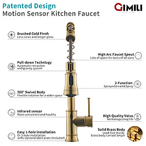 GIMILI Gold Touchless Kitchen Faucet with Pull Down Sprayer, Brushed Brass Motion Sensor Smart Hands-Free Activated Single Hole Spring Faucet for Kitchen Sink