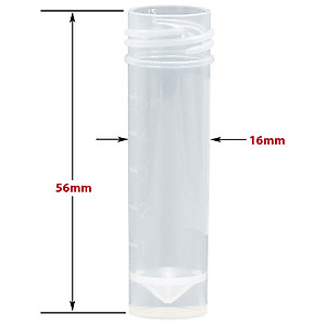 Globe Scientific 6101S Polypropylene Molded Graduations Conical Bottom Self Standing Transport Tubes with Attached White Polyethylene Screw Cap, Sterile, 5ml Capacity, Pack of 500