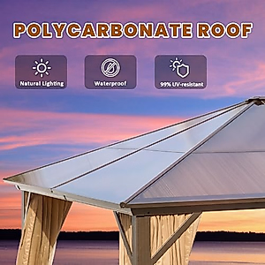 YOLENY 10'x12' Hardtop Gazebo, Outdoor Polycarbonate Roof Canopy, Aluminum Frame Permanent Pavilion with Curtains and Netting, Sunshade for Garden, Patio, Lawns