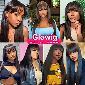 Glowig Straight Human Hair Wigs With Bangs Brazilian Virgin None Lace Front Wigs Glueless Machine Made For Women Wigs (150% Density,Natural Black, 16 inch)