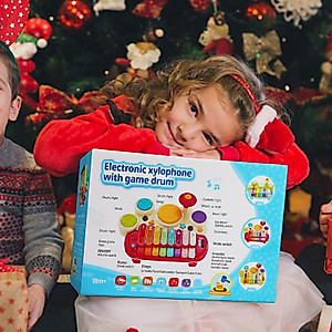 Popsunny Baby Musical Toys, 5 in 1 Toddler Drum Set Electronic Piano Keyboard Xylophone with Lights, Music Instruments Learning Toys Gifts for Boys Girls 1 2 3 Years Old