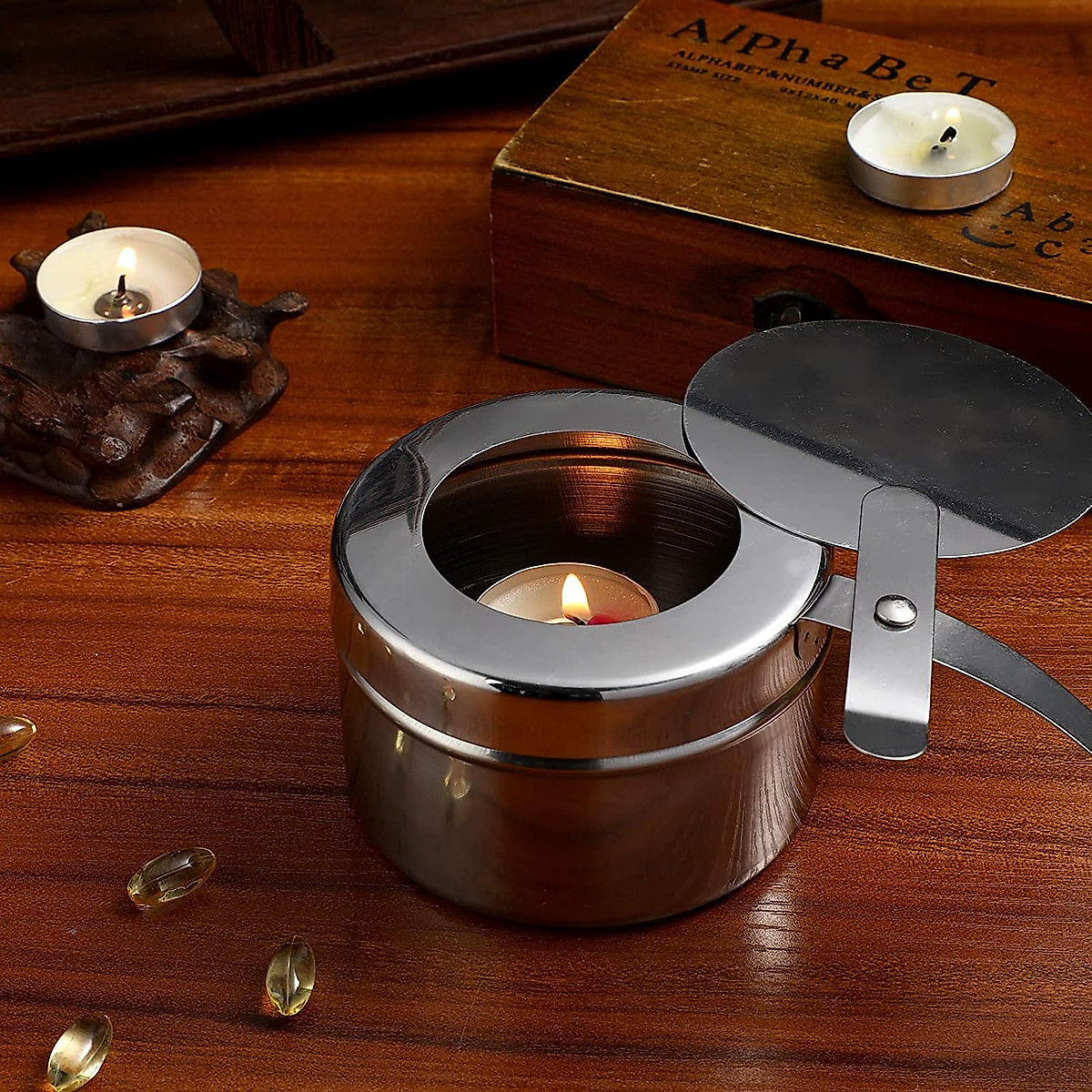 2Pcs Stainless Steel Chafer Wick Fuel Canned Heat Holder Fuel Holder with Safety Cover, Perfect for Buffets and Catering Events, Silver