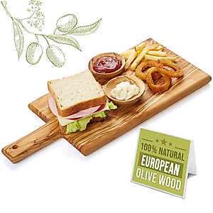 CRYSTALIA Wooden Cutting Boards for Kitchen, Olive Wood, Thick and Large Cutting Board, Handmade Chopping Block with Handle for Meat Brisket Bread Cheese, Stylish Butcher Block (Rectangular)
