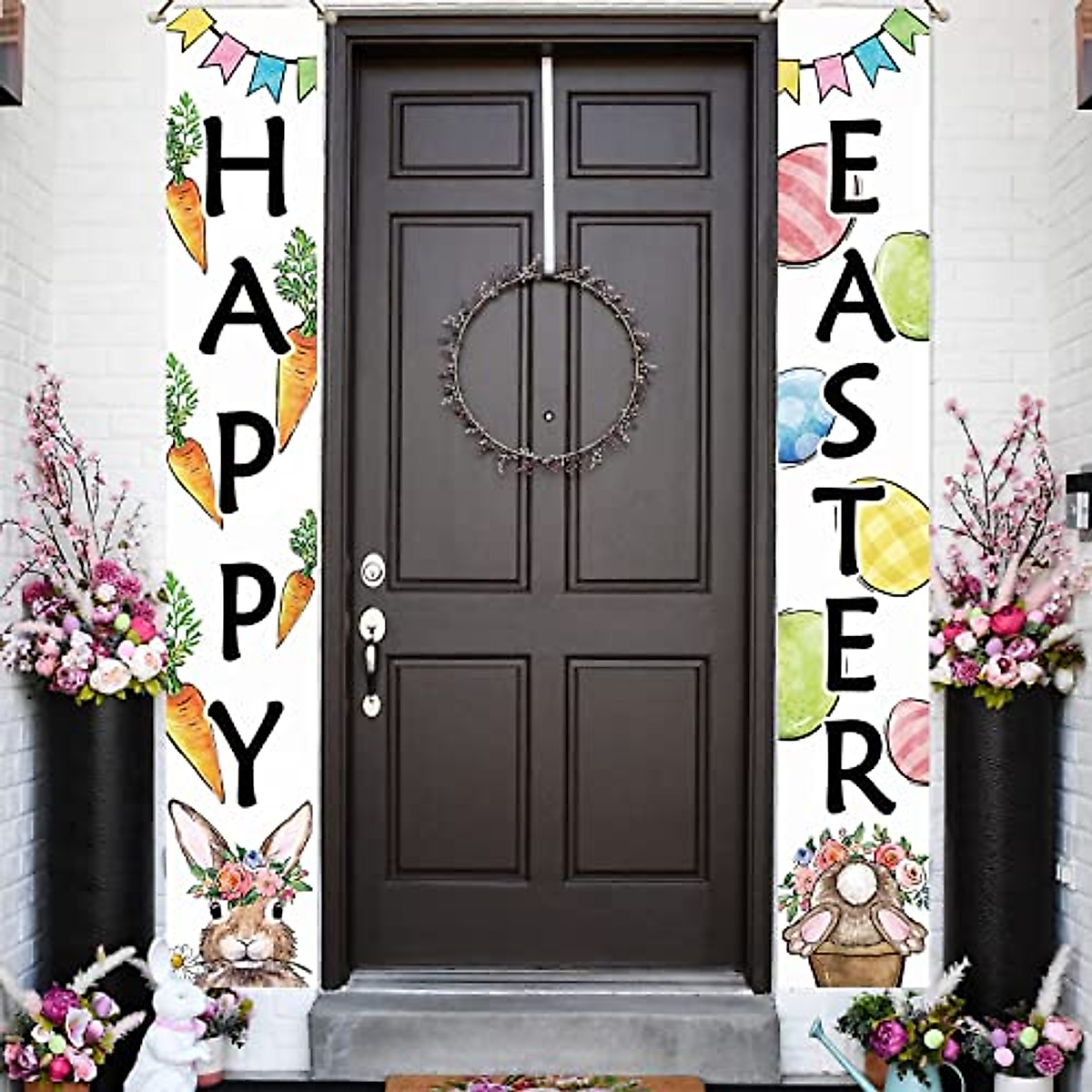 Deroro Happy Easter Bunny Rabbit Porch Banner Sign, Eggs Carrot Front Door Decorative Hanging Welcome Banner Flag, Seasonal Spring Decoration Home Outdoor Decor