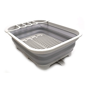 SAMMART 12L (3.17 Gallon) Collapsible Dish Drainer with Swivel spout - Foldable Drying Rack Set - Portable Dinnerware Organizer - Space Saving Kitchen Storage Tray (Grey)