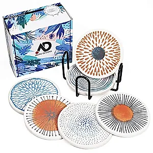 AD Set of 6 Coasters with Holder for Drinks Absorbing Round Ceramic Stone Coaster with Cork Base,Tabletop Protection Mat for Mugs and Cups,Office,Kitchen (Colorful with Holder)