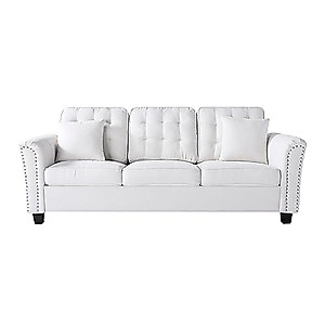 Lepfun Chesterfield, 86.6” Flare Sofa, Tufted 3 Seater Furniture, Velvet Couch with Scroll Arms and Nailhead for Living Room, Bedroom, Office, Apartment (Beige)