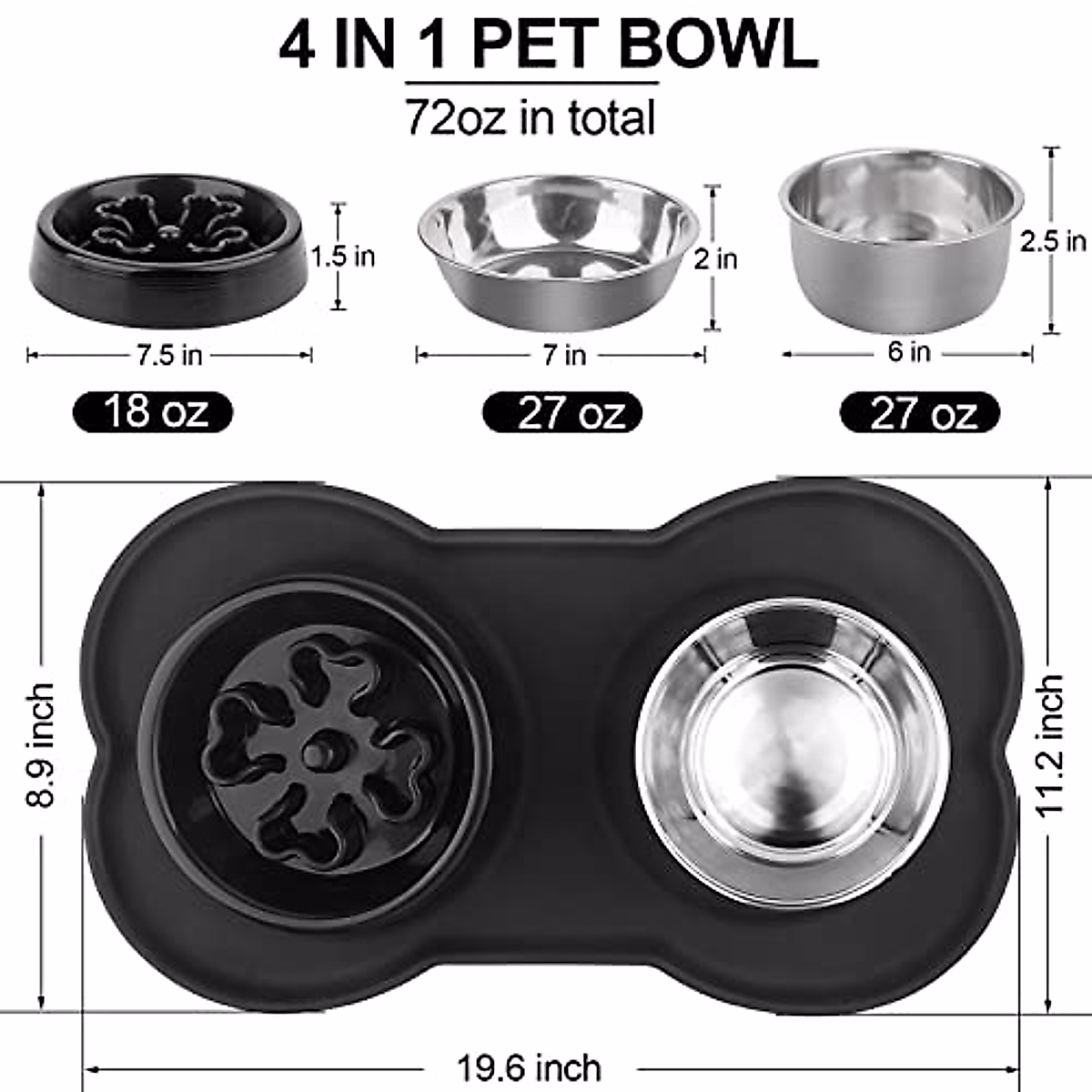 PETIZER Dog Bowls Medium Sized Dog, Slow Feeder Dog Bowls with No Skid Silicone Mat, Dog Food and Water Bowl, Stainless Steel Pet Bowls, 72Oz in Total