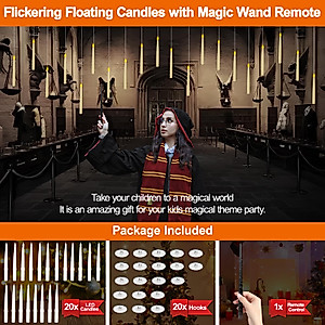 20 Pack Halloween Decorations Hanging Candles -Flameless Taper LED Floating Candles Magic Wand Remote Flickering Warm Light For Harry Potter Christmas Witch Wizard Wedding Birthday Party Home Décor