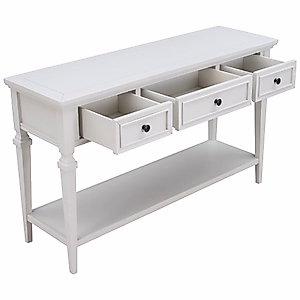 50" Classic Retro Console Table, Solid Wood Sofa Side Table with 3 Top Storage Drawers and Open Style Bottom Shelf for Living Room, Entryway, Hallway and Bedroom, Easy Assembly (Antique White-02)