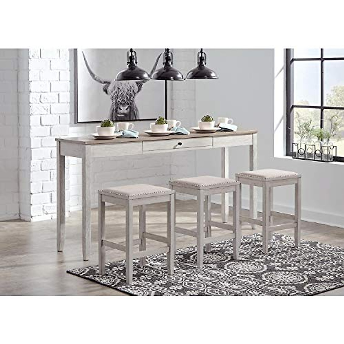 Signature Design by Ashley Skempton 4 Piece Counter Height Dining Set, Includes Table and 3 Barstools, Whitewash & Skempton 24" Counter Height Upholstered Barstool, Set of 2, Antique White