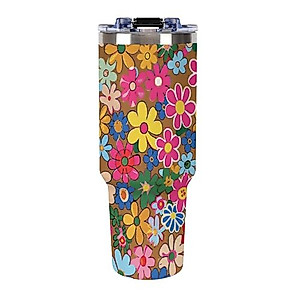 ADASGHBY Large Capacity Car Cup with Straw Lid Bright Flower Style Leakproof Insulated Stainless Steel Tumbler Fits in Car Cup Holder