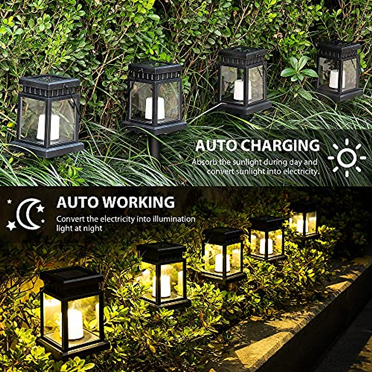 Solpex Solar Pathway Lights 8 Pack LED Outdoor Hanging Lanterns Garden Solar Lights with Stake for Walkway, Waterproof Decorative Candle Light Effect Lantern for Pathway, Patio, Deck