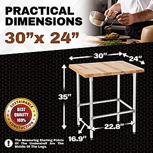 US Maple Top Work Table - 30 x 24 x 35 Inch Commercial Butcher Block Wooden Workbench with Open Base Stabilizing Leg Cross Braces - Fits Restaurant, Warehouse, Home, Kitchen, Garage by DuraSteel