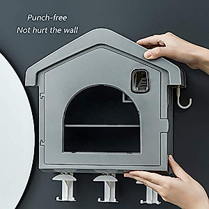 House-Style Toothbrush Holder, Punch-Free Multifunctional mouthwash Cup Holder, Wall-Mounted Set Brushing Cup, Moisture-Proof and Waterproof Shelf, Blue, Gray, White