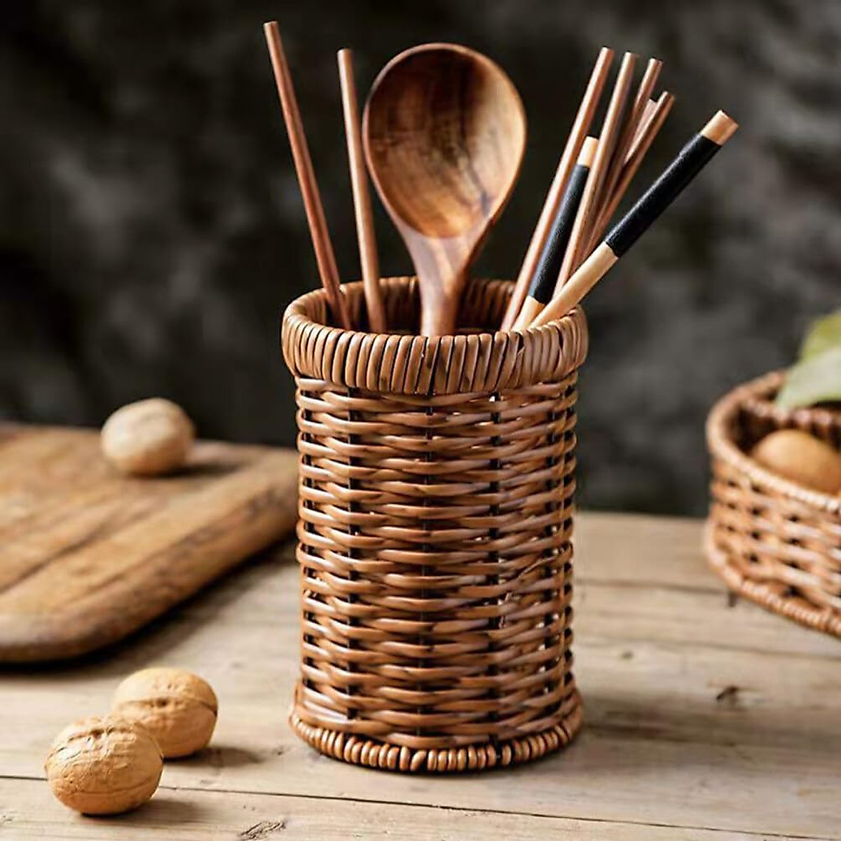Didiseaon Silverware Utensil Holder Organizer Countertop Flatware Holder Woven Storage Basket Woven Cutlery Organizer Countertop Utensil Basket Imitation Rattan Basket Iron Chopsticks
