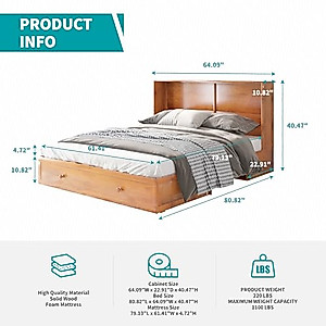 BALUS Cabinet Bed with Queen Size Mattress, Modern Murphy Bed with USB Charging Station, Foldable Tray Tables, Storage Drawer - Cherry Red