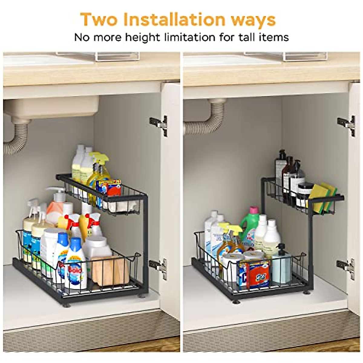 Suppino Under Sink Organizer, 2-Tier Metal Put Out Under Kitchen Sink Organizers and Storage, Sliding Shelf Cabinet Organizer for Kitchen, Bathroom, Desk, etc