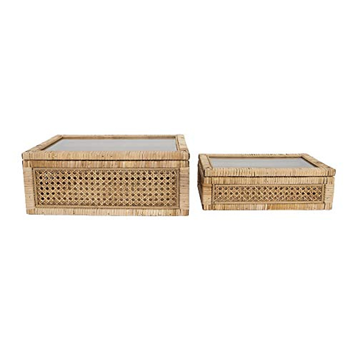 Creative Co-Op Cane and Rattan Display Boxes with Glass Lid, Set of 2