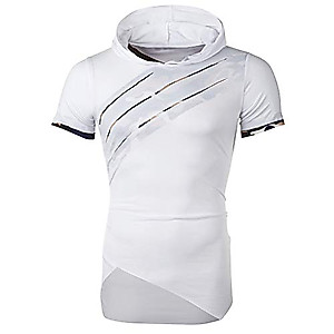 Men's Hooded Shirts Casual Patchwork Slim Summer Short Sleeve Irregular Hem T Shirt Tops Blouse (L, White)