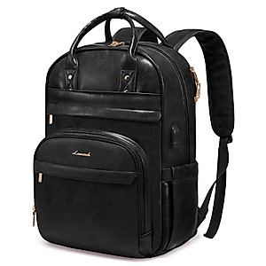 LOVEVOOK Leather Backpack for Women 15.6 Inch, Vintage Laptop Backpack with USB, Spacious Work Backpack Fits Business Office Travel College Black
