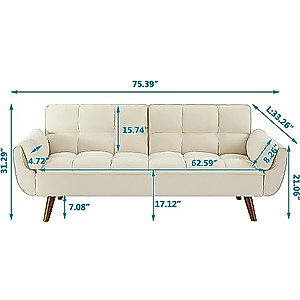 Modern Convertible Tufted Futon Sofa Bed Split Adjustable Backrest Loveseat Sofabed W/Removable Padded Armrests and Wood Legs for Living Space/Guest Room