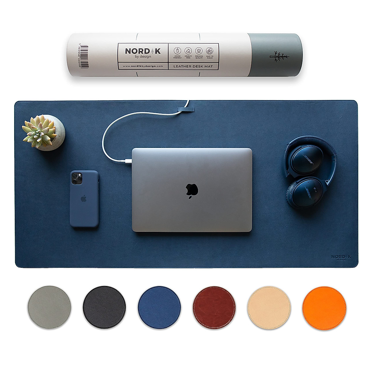 Nordik Leather Desk Mat Cable Organizer (Midnight Blue 35 x 17 inch) Premium Extended Mouse Mat for Home Office Accessories - Felt Vegan Large Leather Desk Pad Protector & Desk Blotter Pads Decor