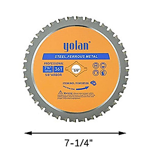 Yolan 7 1/4” Metal Cutting Circular Saw Blade, 7-1/4-Inch 180 Blade,36-Tooth,Carbide Tipped, 5/8-Inch Arbor, Diamond Knockout Arbor for TCT Miter Saw Blade, Cutting Metal & Steel,Ferrous Metal