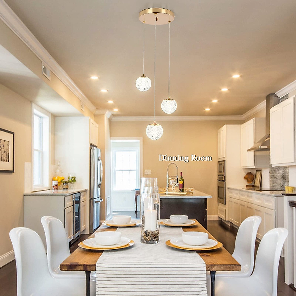 Gold Crystal Pendant Lights 5000k Daylight White,3-Light Mini Led Modern Brushed Brass Light Fixtures Ceiling Hanging, Glass Globes Pendant Lighting for Kitchen Island Bedroom Dining Room Foyer