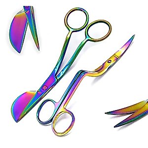 WellnessD'Light Set of 2 Multi Rainbow Color 6 Inch Stainless Steel Applique Duckbill Scissors Blade with Offset Handle & 6 Inch Machine Embroidery Double Curved Scissors Bundle by WDL