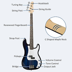 Electric Bass Guitar 4 Strings, 46 Inch Full Size Beginner Kit with 15W Amp, Gig Bag, Strap, 3 Picks for Beginner Adults Teens, Right Handed