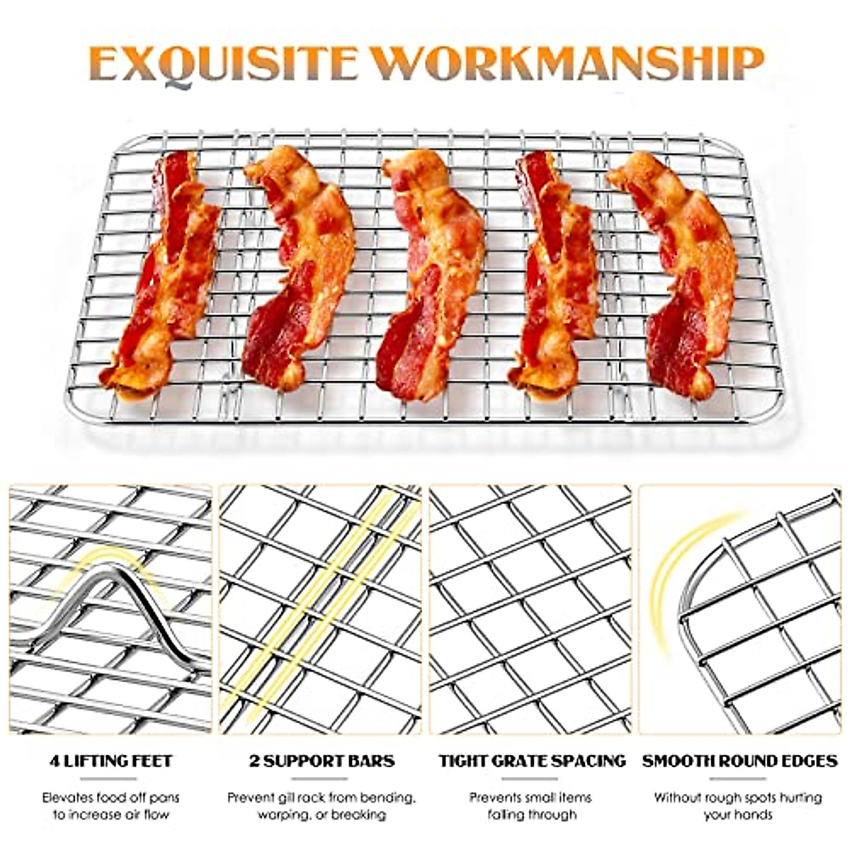 Small Baking Cooling Rack Set of 2, E-far Stainless Steel Toaster Oven Rack for Cooking Roasting Grilling Meat, 8.6” x 6.2” Metal Bakeable Wire Rack for Cookie Cake Bacon - Dishwasher Safe