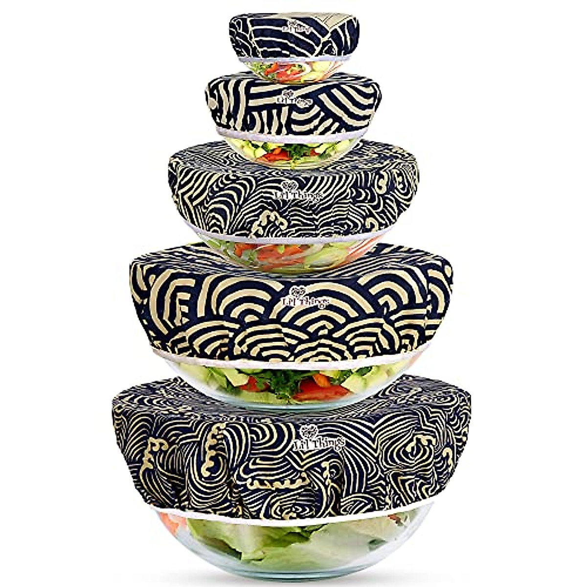Li'l Things Eco-friendly Beeswax Bowl Covers | Improved Beeswax Coating | Elastic Food Storage Covers | Reusable Lids For Food, Fruits and Leftover | 5 Sizes | 3 Different Themes | Japanese Waves