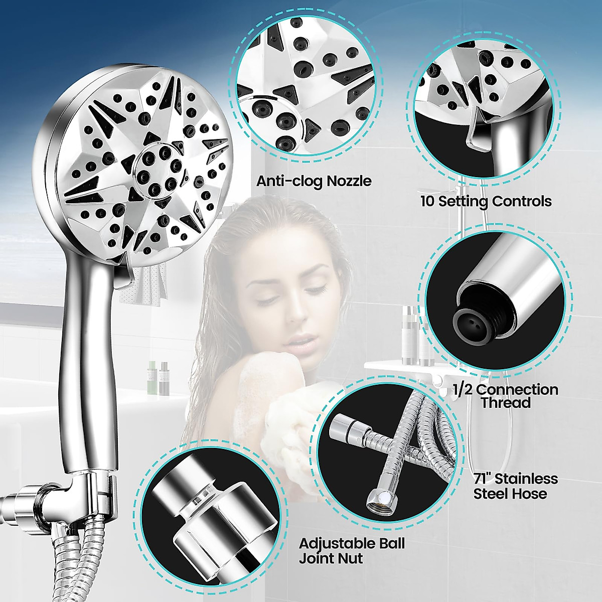 NHOWIN Anti-clogging Shower Head, 10 Functions High Pressure Shower Head with handheld Built-in Power Spray to Clean Corner, Tub & Pets, Stainless Steel Hose Adjustable Bracket