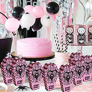 HOMEZZO 24 Pcs Pink Spider Web Coffin Boxes, Spooky Goth Black Conquette Halloween Coffin Paper Candy Treat Gift Boxes for Halloween Party Decorations