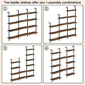 HOOBRO DIY Ladder Shelf, 6-Tier Wall Mounted Bookshelf, Office Vertical Bookcase, Wooden Storage Shelves for Home Office, Bedroom, Rustic Brown and Black BF65CJ01