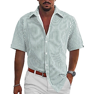 TUREFACE Green Shirt for Men Casual Button Down Short Sleeve Stripes Banded Collar Summer Shirt Lightweight Relaxed Fit