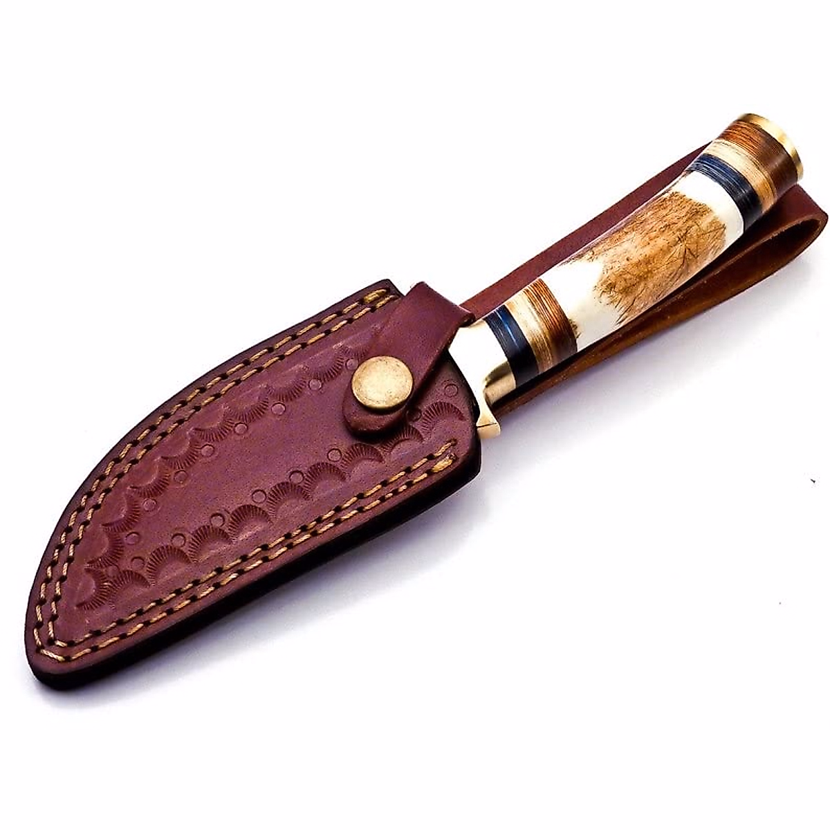 8 inch Handmade Damascus Steel Hunting knife Handle Deer Antler W Leather C. The Handle Color and Gard shape could be different then Pics