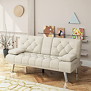 HIFIT Futon Sofa Bed, Upholstered Convertible Folding Sleeper Sofa Bed with Removable Armrests, Modern Futon Couch for Living Room, Bedroom, 2 Cupholders, Metal Legs, Beige