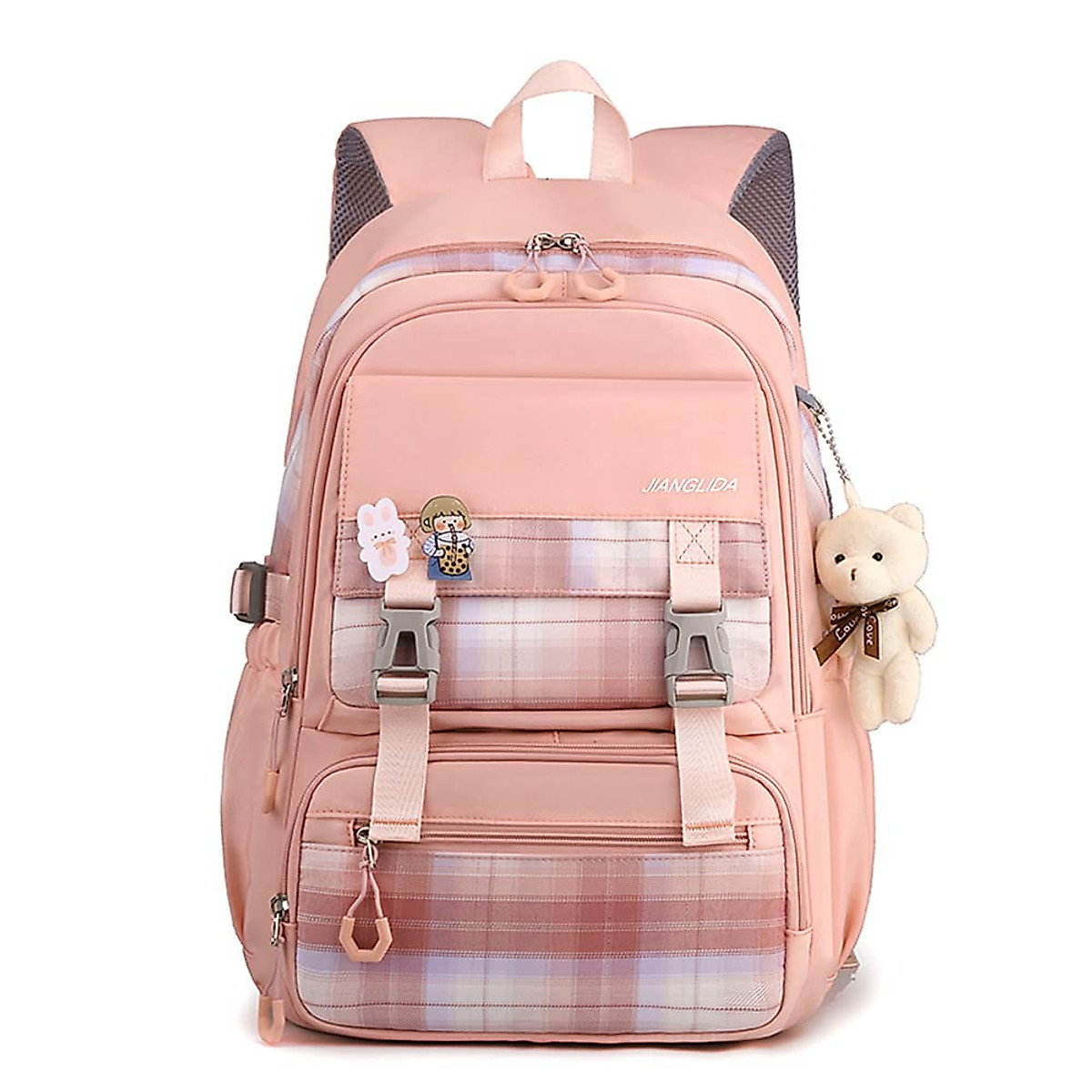 Girls Plaid Aesthetics Backpack Teens Lightweight Casual Bookbag Kawaii Travel Bag with Cute Pins Accessories Schoolbag