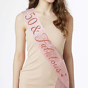 ADBetty 50th Birthday Sash & Rhinestone Tiara Set - Rose Gold Glitter 50th Birthday Gifts Birthday Party Supplies