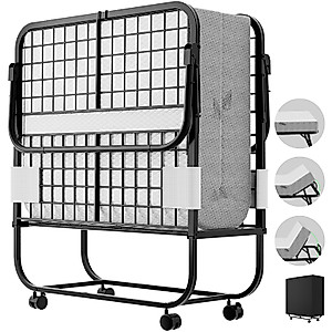 Hyomdeck Folding Bed with Mattress for Adults, Portable Folding Bed with Adjustable Backrest, Cot Size Rollaway Bed with Memory Foam Mattress and Metal Frame on Wheels, Guest Bed, 75‘’ x 31‘’,Black