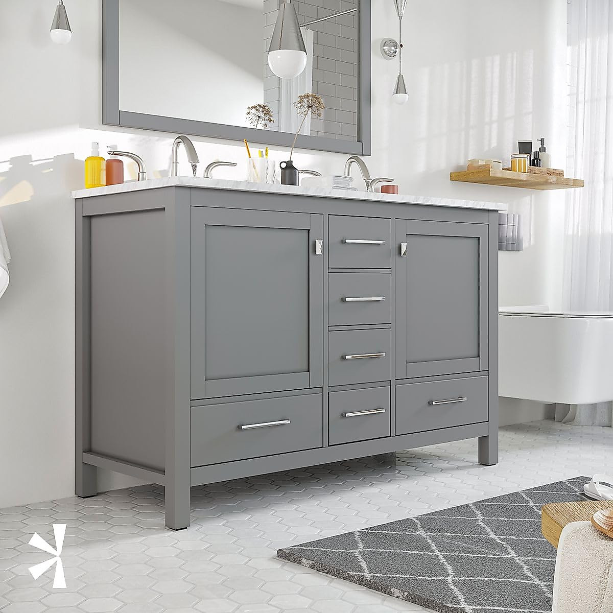 Eviva 48 Inch Bathroom Vanity with Sink-Gray Bathroom Vanity with Carrara Marble Top -Freestanding Double Sink Bathroom vanities with Spacious Storage -Bathroom Sink Cabinet and Wood countertop Combo
