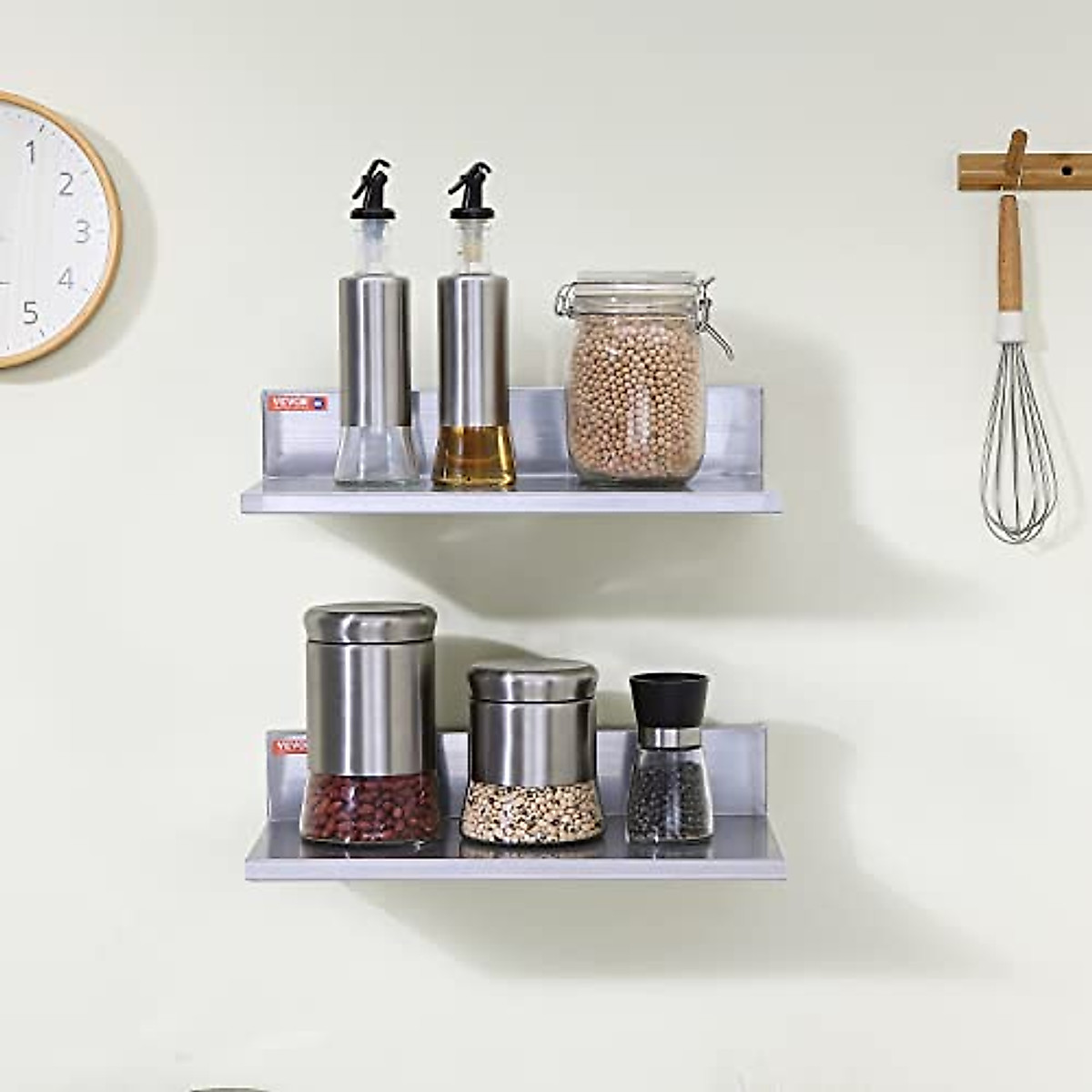 VEVOR 8.6" x 16" Stainless Steel Shelf, Wall Mounted Floating Shelving with Backsplash, 44 lbs Load Capacity Commercial Shelves, Heavy Duty Storage Rack for Restaurant, Kitchen, Bar, Home, and Hotel